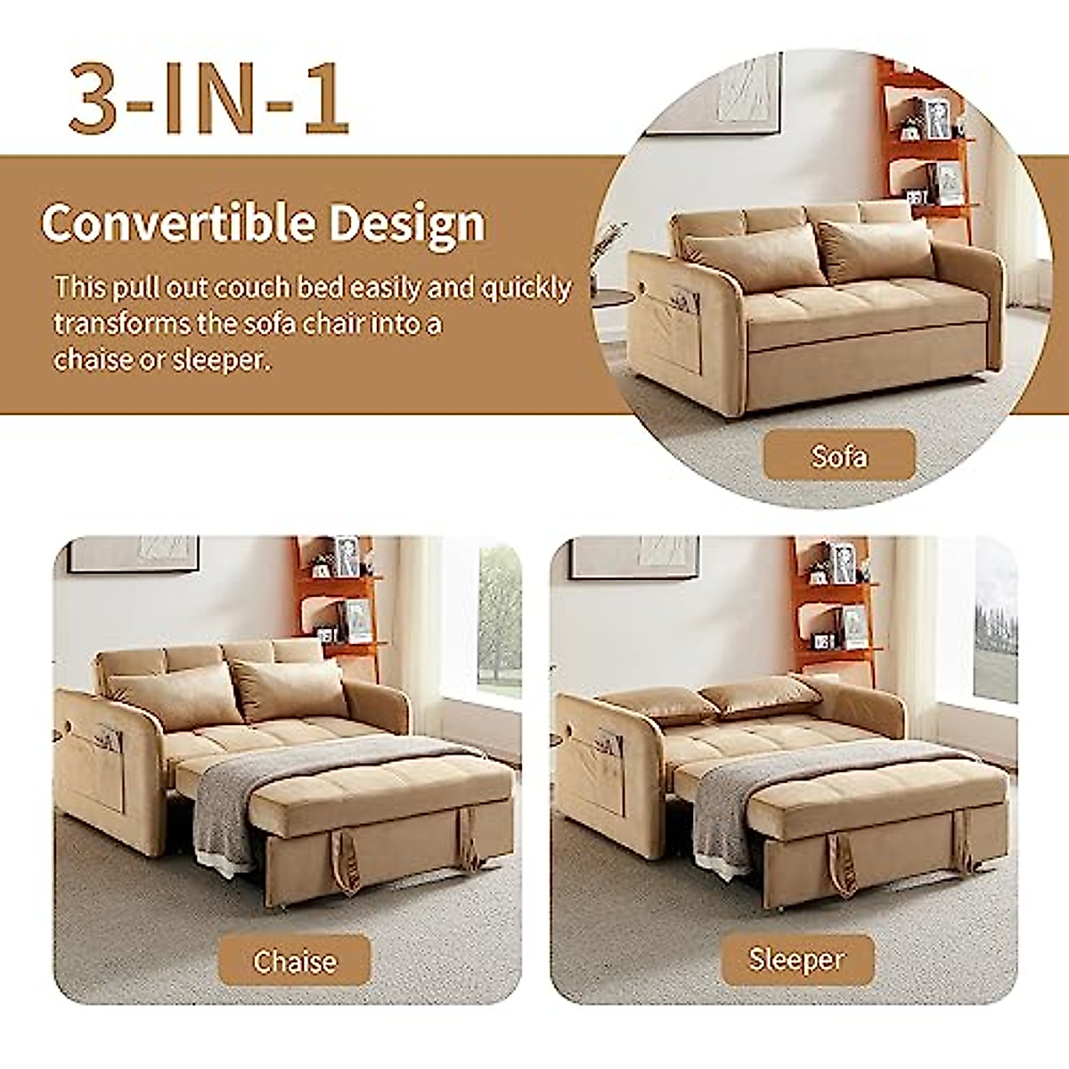 NIOIIKIT 3-in-1 Convertible Sleeper Sofa Bed, Modern Velvet Loveseat Sofa Couch, Chaise Lounge with Adjustable Backrest, Pillows, Pocket, Pull Out Bed for Living Room, Bedroom (Khaki)