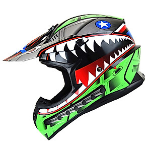 1Storm Adult Motocross Helmet BMX MX ATV Dirt Bike Downhill Mountain Bike Helmet Racing Monster Shark HKY_SC09S + Motorcycle Bluetooth Headset: Monster Shark Green