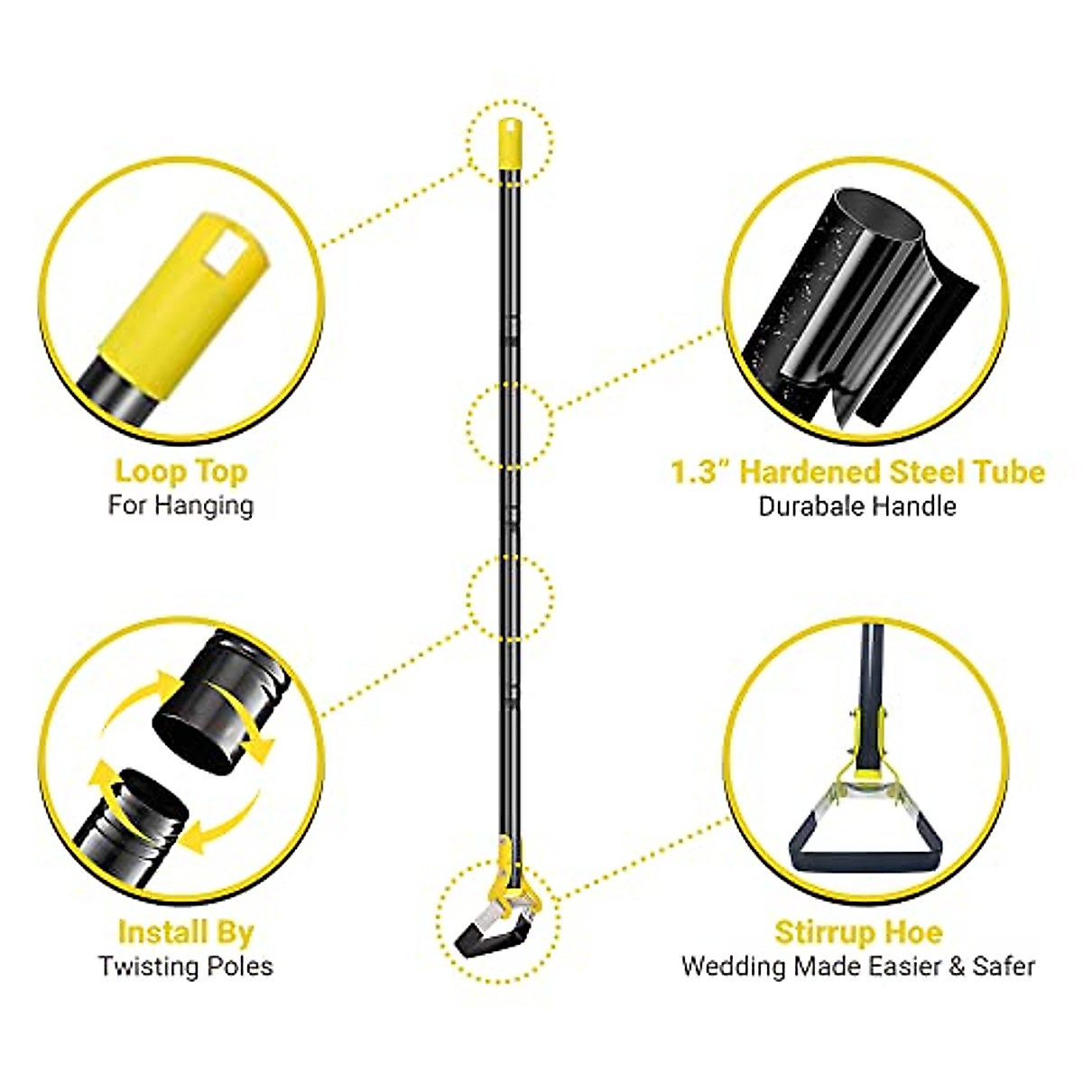 Muvuo Stirrup Hoe Garden Tool - Garden Hoes for Weeding Long Handle - Hula Hoe Garden Tool - Garden Tools with Comfortable Hand and Sharp Edge - 4 rods(30-61 Inch)- Black