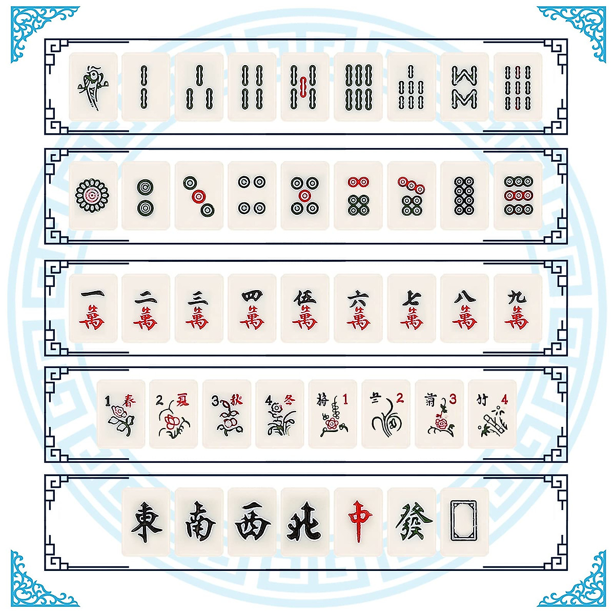 IRONWALLS Chinese Majong Set, 146PCS Mahjong Tile Set with 1” Majongg Tiles, 2PCS Dice & Wooden Carrying Case Box, Complete Majong Game Sets for Travel Party Family Game