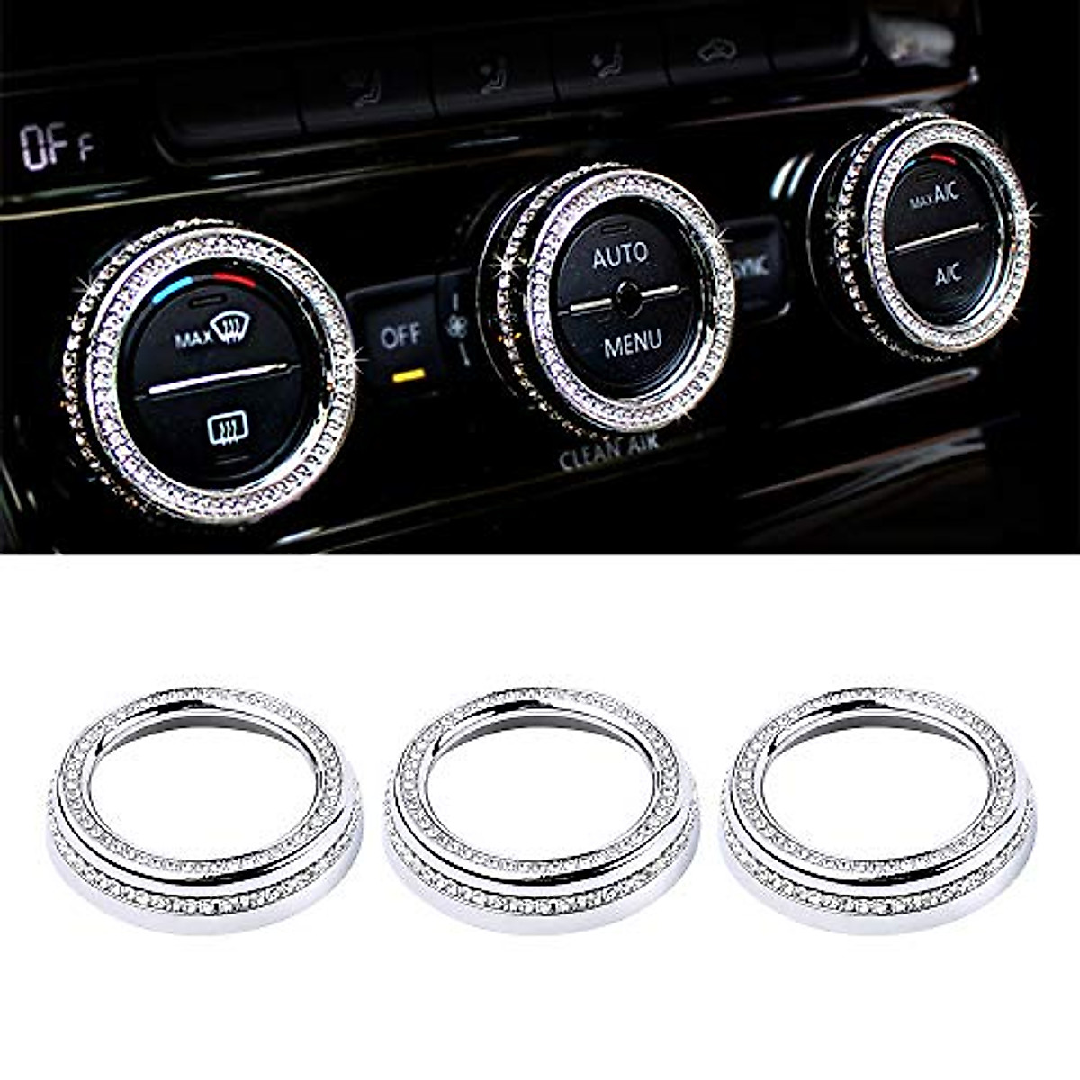 CARFIB Car Interior Bling Accessories for VW Volkswagen Arteon Atlas CC e-Golf Golf Alltrack Golf R Passat Tiguan AC Knobs Control Decals Stickers Cover Parts Men Women Zinc Alloy Crystal Silver 3Pcs