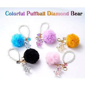 YOU WIZV Teddy Bear Keychain, Cute Bling Keychains for Women and Puff Ball key chains for Car Keys, Backpack, Purse Accessories, Aesthetic Black Pom Pom Keychain