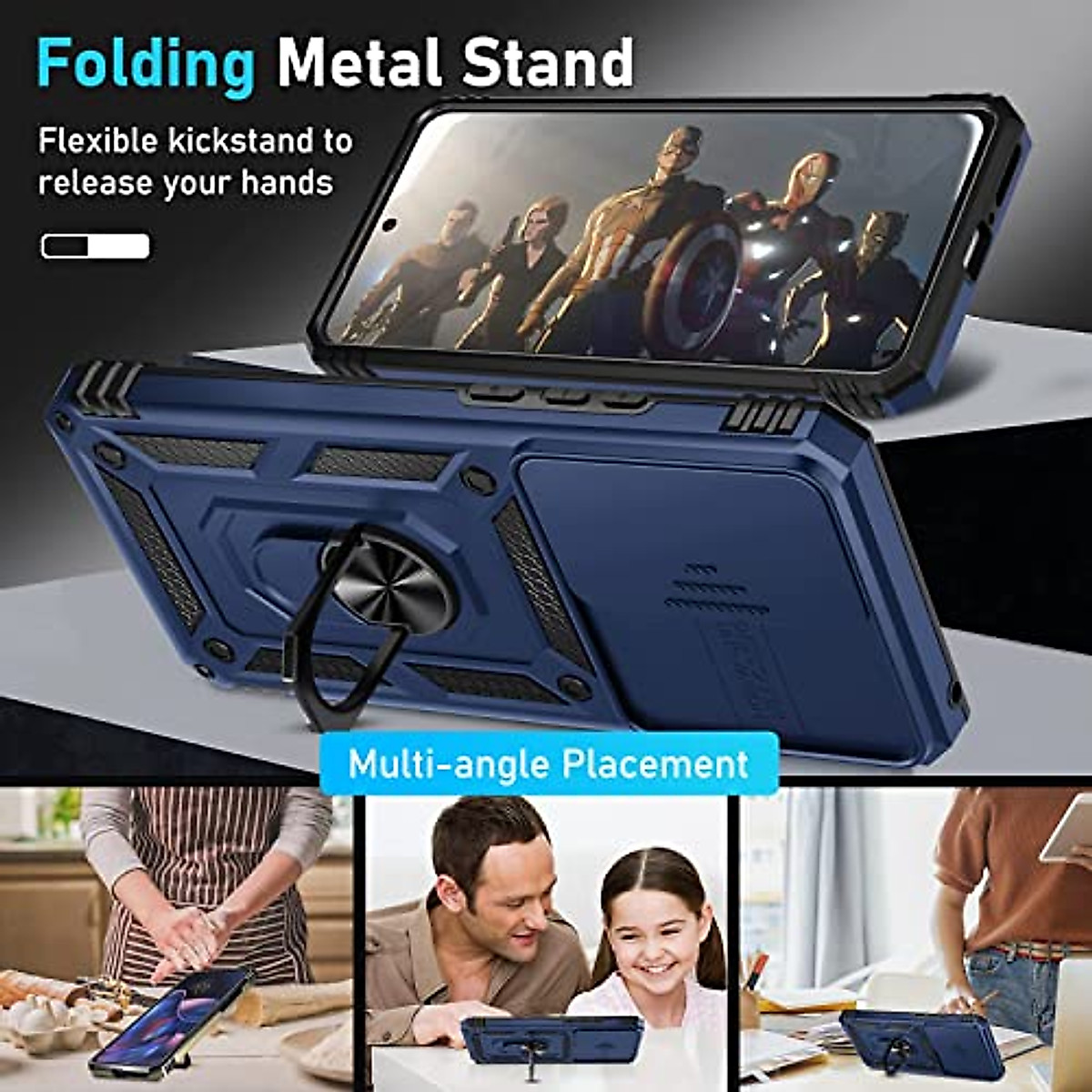 Motorola Moto Edge 2022 Case Built in Slide Camera Cover and Screen Protector [Not for Edge Plus],Heavy Duty Shockproof Full Body Phone Cover,Built in Finger Ring Stable Holder Kickstand,2022 Blue