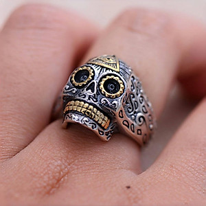 Gothic 925 Sterling Silver Freemason Masonic Skull Ring Golden All Seeing Eye for Men Women Open and Adjustable