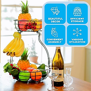 WELLCASA 2-Tier Metal Countertop Fruit Vegetables Basket, Bread Wire Basket, Fruit Storage with Banana Hanger, Black