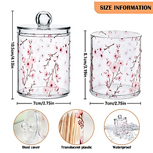 senya Clear Plastic Jars Cotton Swabs Cans, Cherry Blossom Branche Bathroom Canisters Storage Organizer with Lids 2PCs Set for Cotton Ball, Cotton Swab, flossers, Hair Bands