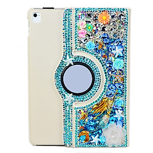 STENES Bling Case Compatible with Samsung Galaxy Tab S7 FE 12.4-inch 2021 - Stylish - 3D Handmade Mermaid Flowers Floral 360 Degree Rotating Stand Case with Smart Cover Auto Sleep/Wake - Navy Blue
