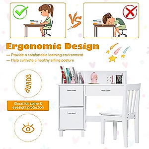 Costzon Kids Desk and Chair Set, Children Wooden School Learning Table w/Drawer & Storage Cabinets, Student Writing Computer Workstation for Bedroom & Study Room, Gift for Ages 3-8 (White)