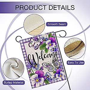Hzppyz Welcome Summer Pansy Butterfly Garden Flag Double Sided, Purple Buffalo Plaid Check Decorative Yard Outdoor Small Decor, Spring Farmhouse Home Outside Decorations 12 x 18