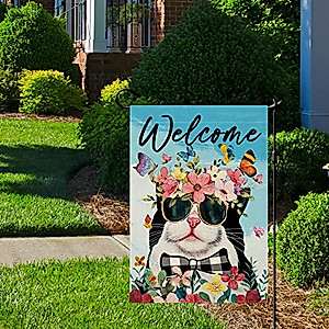 CMEGKE Spring Summer Cat Garden Flag, Spring Summer Welcome Cat Flags, Spring Summer Flags Summer Spring Rustic Vertical Double Sided Burlap Cat Floral Home Holiday Party Farmhouse Yard Lawn Outside Decorations 12.5 x 18 In