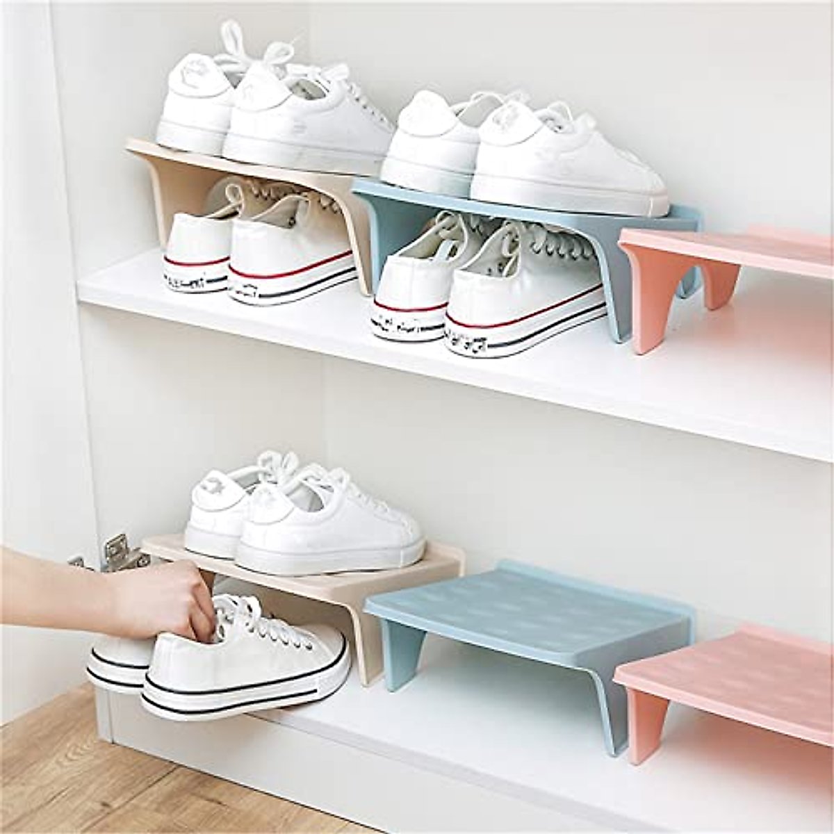 ASkinds 4 Pack Shoe Stacker Slots Space Saver, Double Layer Stack Shoe Racks, Increase Space by 200% Shoe Stackers for Home Closet Organization(Apricot)