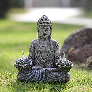 NC Buddha Statue Zen Sculpture, Yoga Garden Decor with LED Solar Flowers Lights, Sitting Meditating Buddha Serene Decorative Figurinefor Patio Yard Lawn Ornaments, Backyard,Inside or Outside