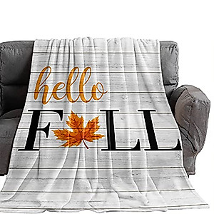 SSEVITEY Flannel Fleece Throw Blanket for Couch Bed Sofa Travel AutumnThanksgiving Maple Leaves on Wooden Fuzzy Soft Lightweight Blankets Plush Warm Cozy Bedspread Throws Hello Fall Quote 40x50in