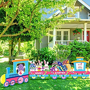 Yulejo 4 Pack Easter Yard Signs Easter Outdoor Decorations with Stake Easter Garden Signs with Easter Egg, Bunny, Gnomes for Courtyard Lawn Outdoor Decoration Easter Party Decoration Outside