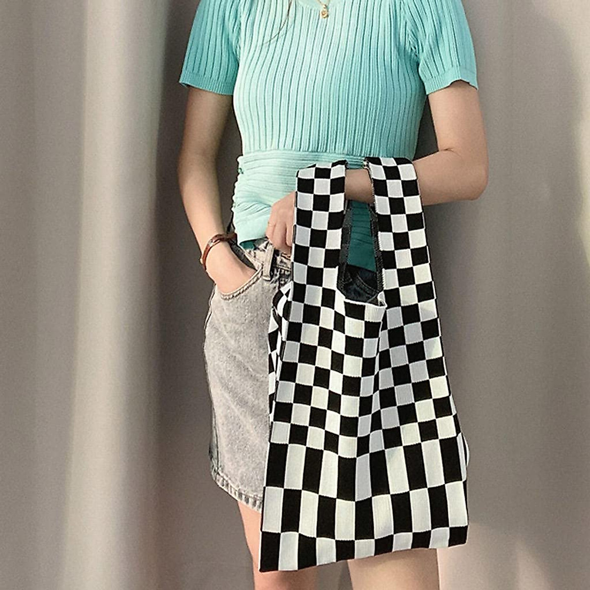 Colcolo Woven Big Bags women Shoulder Bags Soft Ladies Girl Handbags Casual Pattern Handbags, Black White