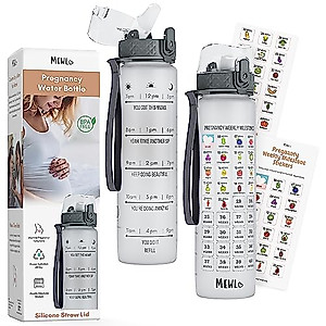 Mewl Pregnancy Water Bottle Tracker with Straw (BPA Free) - Weekly Pregnancy Milestone Stickers & Motivational Water Bottle with Time Marker - Pregnancy Must Haves & First Time Mom Gift