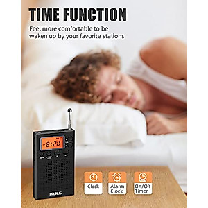 【July Newest】 PRUNUS Pocket Radio AM FM with Earphones, Digital Radio Battery Operated, Walkman Portable Radio with Preset, Timer, Alarm Clock, Lock Button and Lanyard for Walk/Sports Match/Traveling