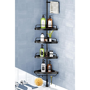 Corner Shower Caddy Tension Pole: Adjustable Stainless Steel Shower Organizer with 4 Tier Shelf for Bathroom Bathtub Tub Shampoo -Floor Standing Rack Bath Storage Holder with Rust Proof Rods - Black