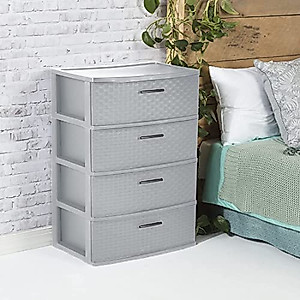 4 Drawer Wide Weave Storage Tower with Driftwood Handles,Organizer Storage Tower for Closet, Bedroom, Entryway, White (Cement)