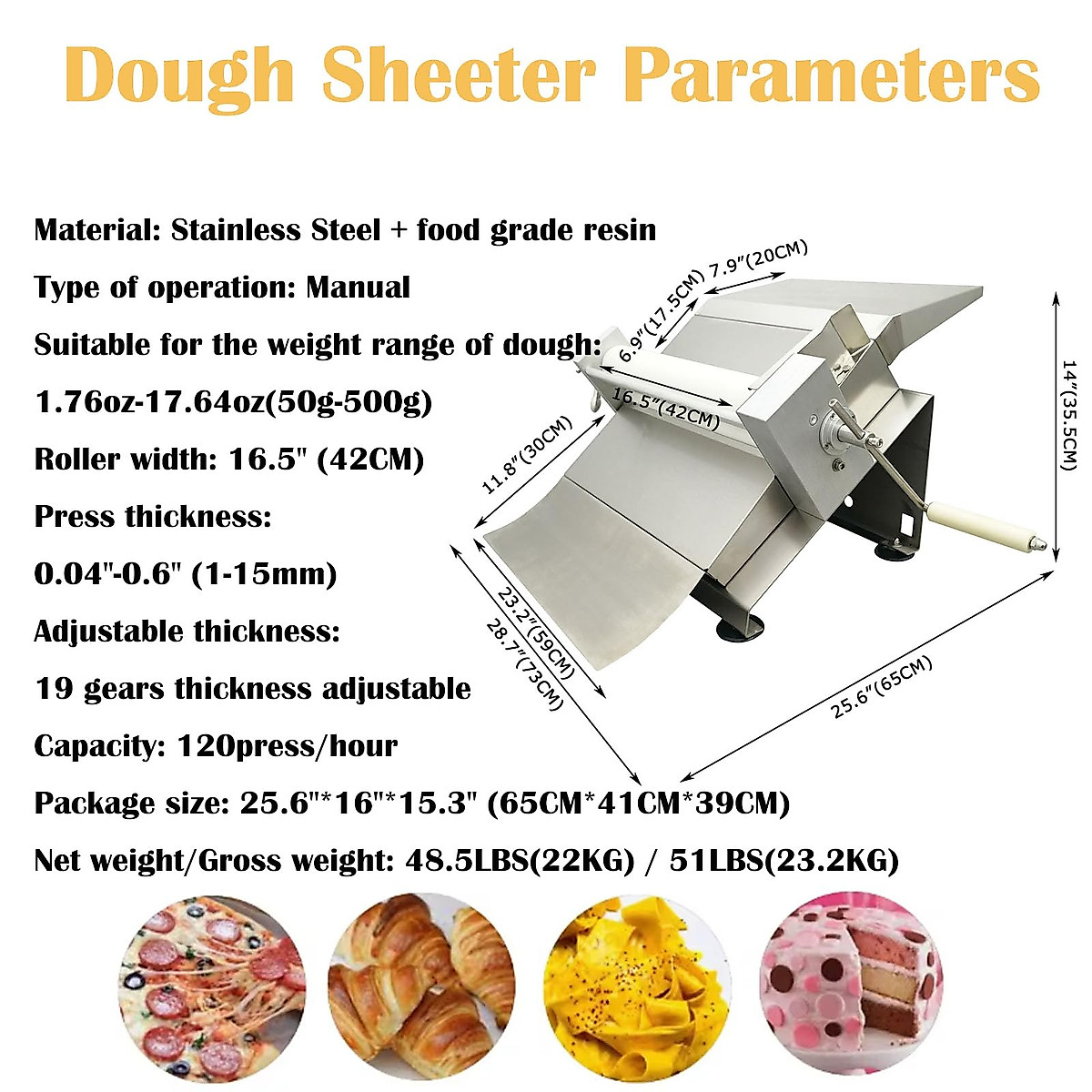 HayWHNKN Manual Dough Sheeter 16.5'' Dough Roller Sheeter Fondant Sheeter Stainless Steel Dough Press Machine Pastry Machine Pasta Maker for Fondant, Croissants, Icing, Pizza and Puff Pastry