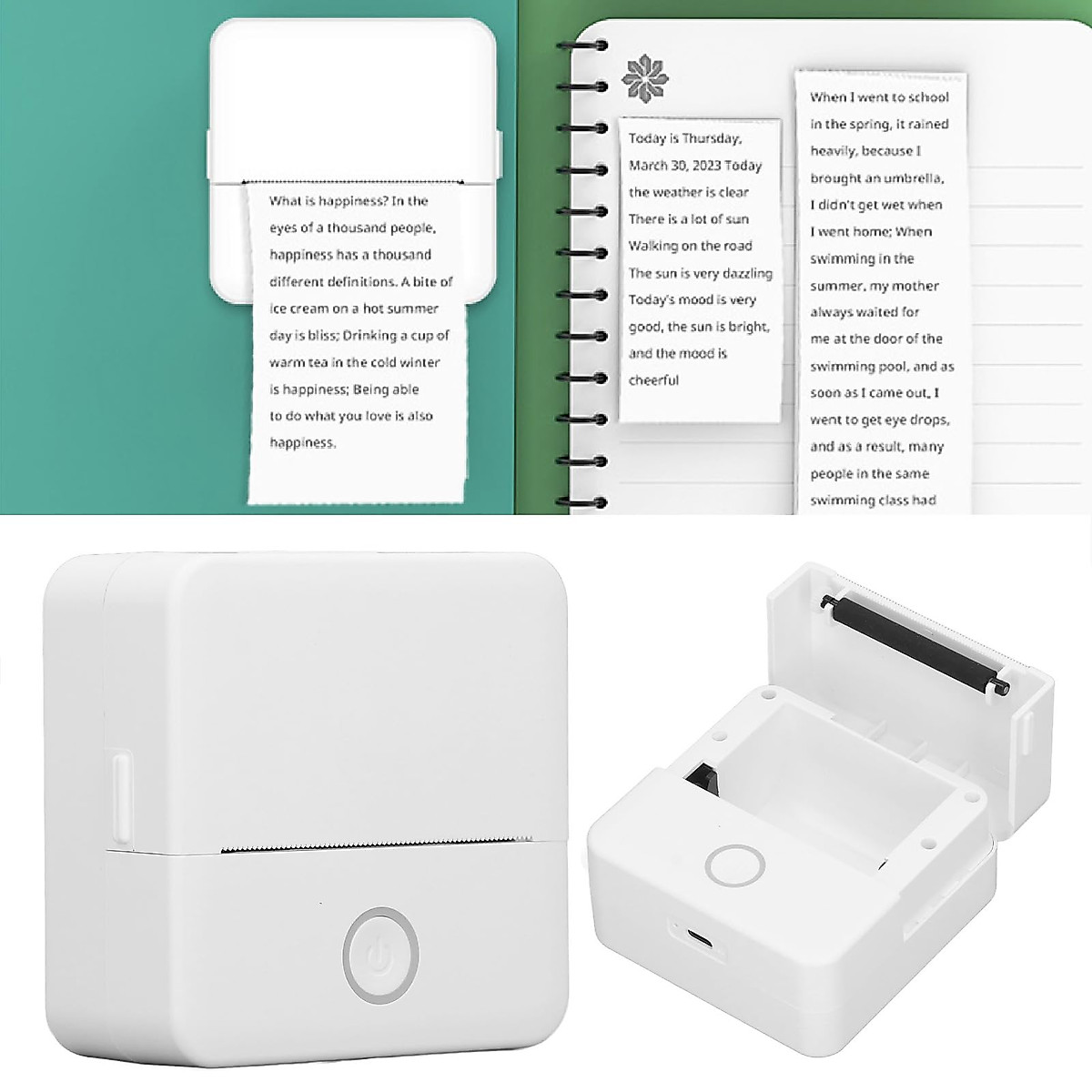 Mini Thermal Printer, Student Mini Printer, Portable Pocket Tool with Paper Roll, Charging Cable, Suitable for Students