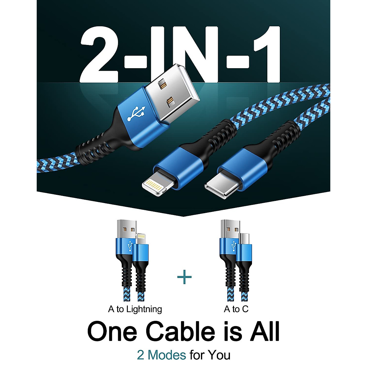 Apple Lightning & USB-c 2-in-1 Charging Cable (4 Feet), USB to Lightning & USB to Usbc Long Fast Charger Cord for iPhone 15 Plus 14 13 12 11 Pro/max I iPad Pro/air/Mini, Samsung Galaxy, Google Pixel