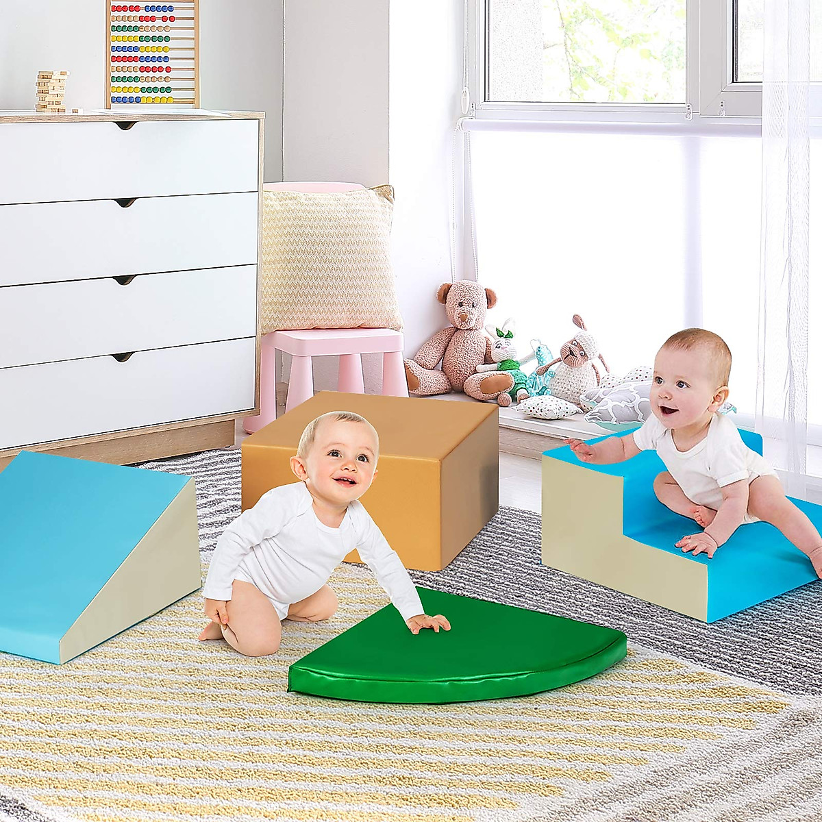 Costzon Climb and Crawl Foam Play Set, 4-Piece Soft Toddler Corner Climber Indoor Active Play Structure for Babies & Toddlers, Great for Climbing, Sliding and Physical Activity (Blue + Green + Coffee)