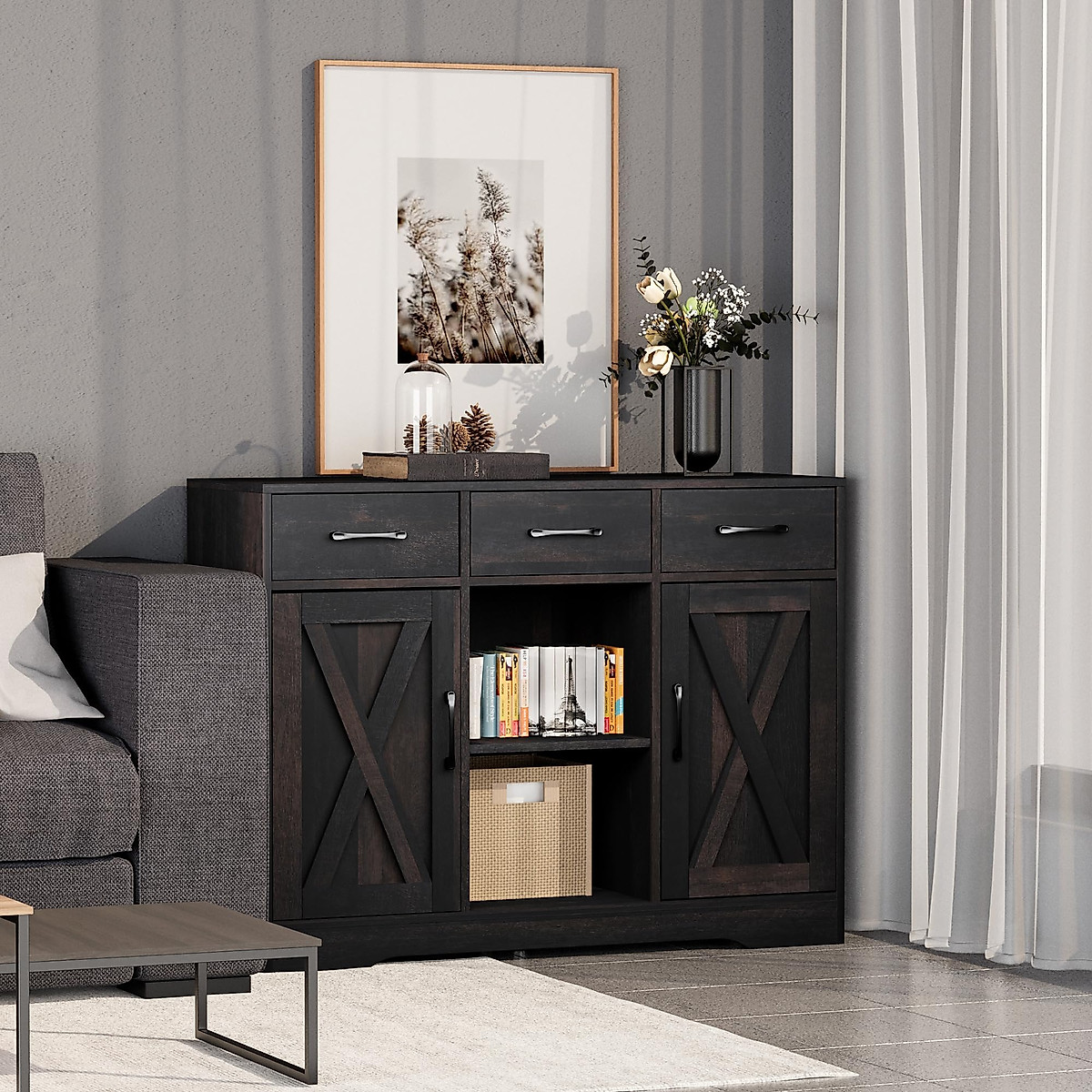 VVFLU Sideboard Buffet Cabinet with Storage Kitchen Farmhouse Coffee Bar Cabinet, Drawers, Removable Wine Rack, Wine Glass Rack, Barn Doors, Adjustable Shelves for Dinning Room, Brown (Dark Wood)