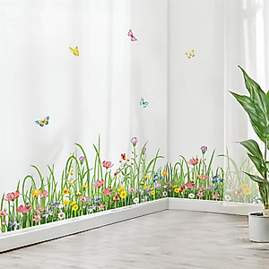 wondever Green Grass Floral Wall Corner Stickers Wildflower Butterflies Baseboard Skirting Line Wall Decals for Living Room Bedroom Dining Room (W:62 inches)