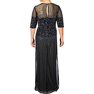 Adrianna Papell Women's Plus-Size 3/4 Sleeve Beaded Illusion Gown with Sweetheart Neckline, Navy, 14