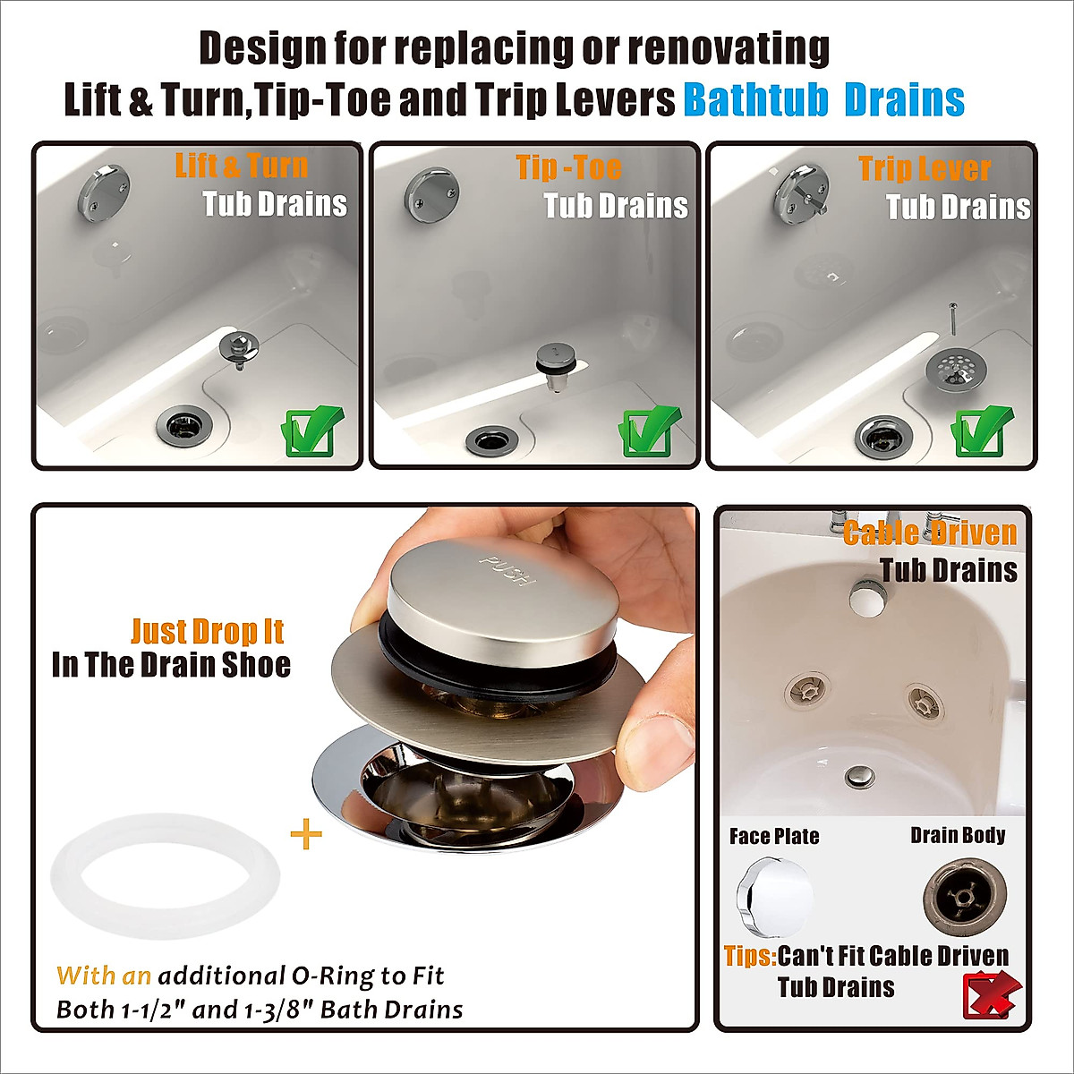 Brushed Nickel Universal Tub Drain Tip Toe Tub Conversion Kit Assembly, Artiwell EZ Installation Bathtub Drain Replacement Trim Kit with 1-Hole Overflow Face Plate and Pop-Up Tub Stopper