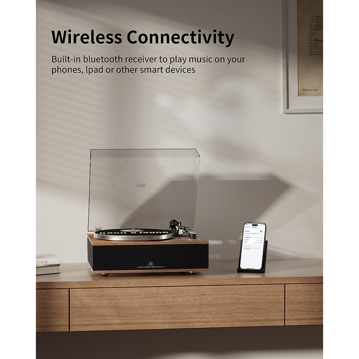 ANGELS HORN Vinyl Record Player, Bluetooth Turntable with Built in Speakers Phono Preamp, High Fidelity Turntables for Vinyl Records with Magnetic Cartridge AT-3600L, Belt Drive 2-Speed