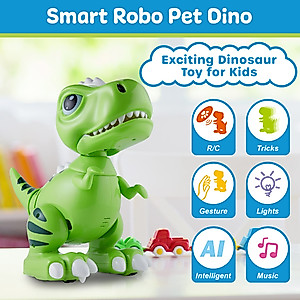 Robo Pets T-Rex Dinosaur Toy for Boys and Girls - Remote Control Robot Toy with LED Light Eyes, Interactive Hand Motion Gestures, STEM Toy Program Treats, Walking and Dancing Robot Dinosaur Kids Toy