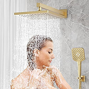 Gabrylly Shower System with Tub Spout, Wall Mounted Shower Faucet Set for Bathroom with High Pressure 10" Rain Shower head and 3-Setting Handheld Shower Head Set,Brushed Gold