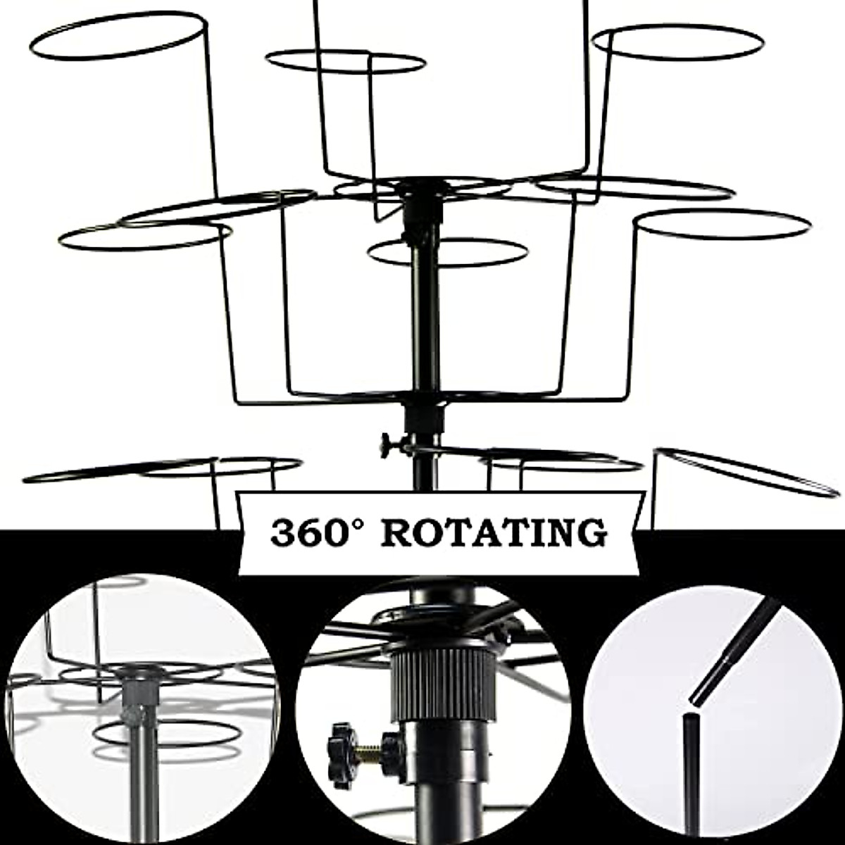 uyoyous 6-Tier Hats Display Rack Rotating Retail Hat Rack Stand 30 Hooks Adjustable Hat Headwear Rack with Wheels Metal Free Standing Hat Hanger Floor Standing Tower for Wig Cap Baseball Hats