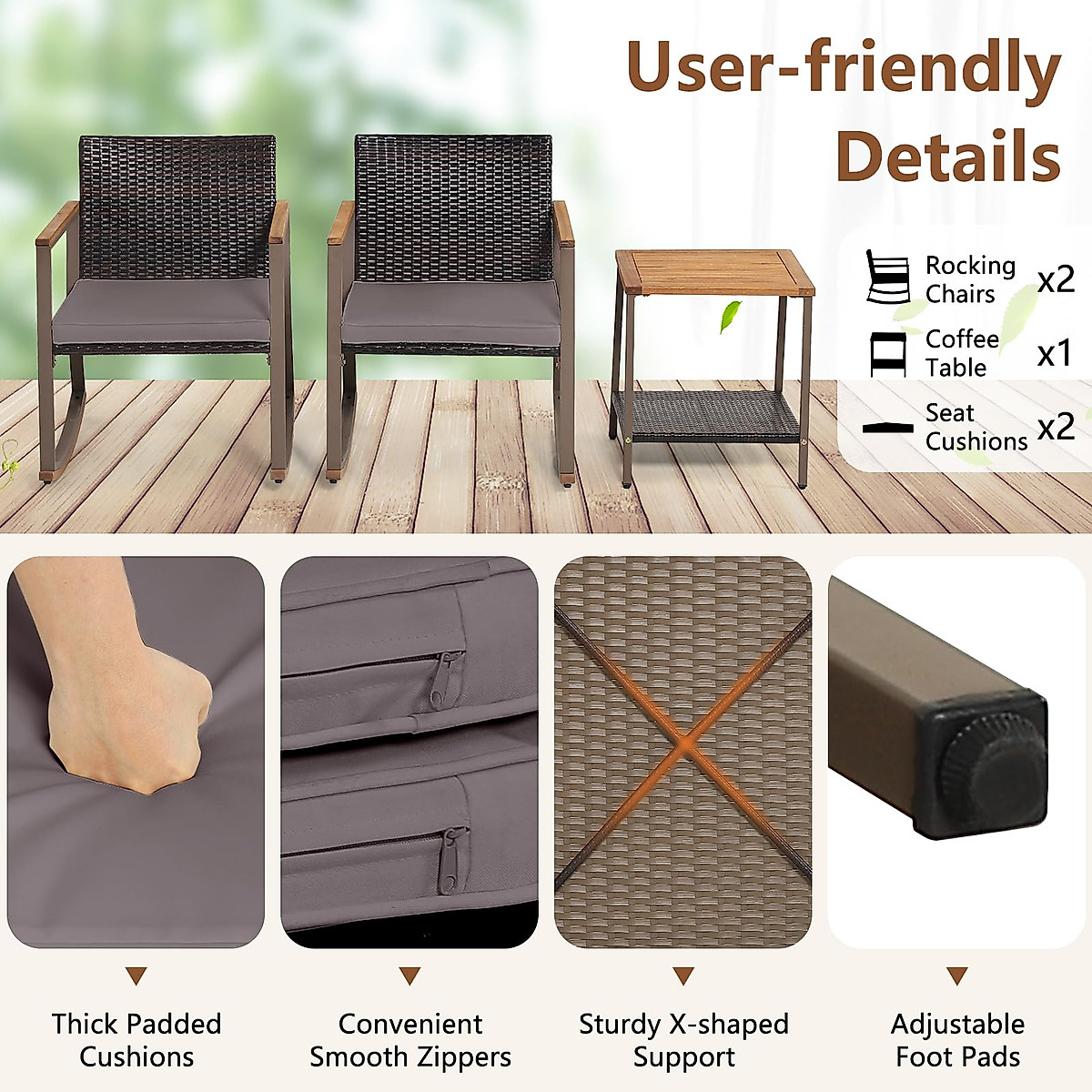 Tangkula 3 Pieces Rocking Bistro Set, Outdoor Rocker Chair with Coffee Table & Cushions, Patio Rattan Furniture Conversation Set for Balcony Porch Poolside (Gray)