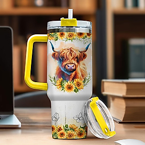 99OWL Highland Cow Sunflower Handle for Yellow Tumblers, 40 Oz Insulated Coffee Cup With Lid and Straw, Brown Women's Tumbler, Cow Gifts