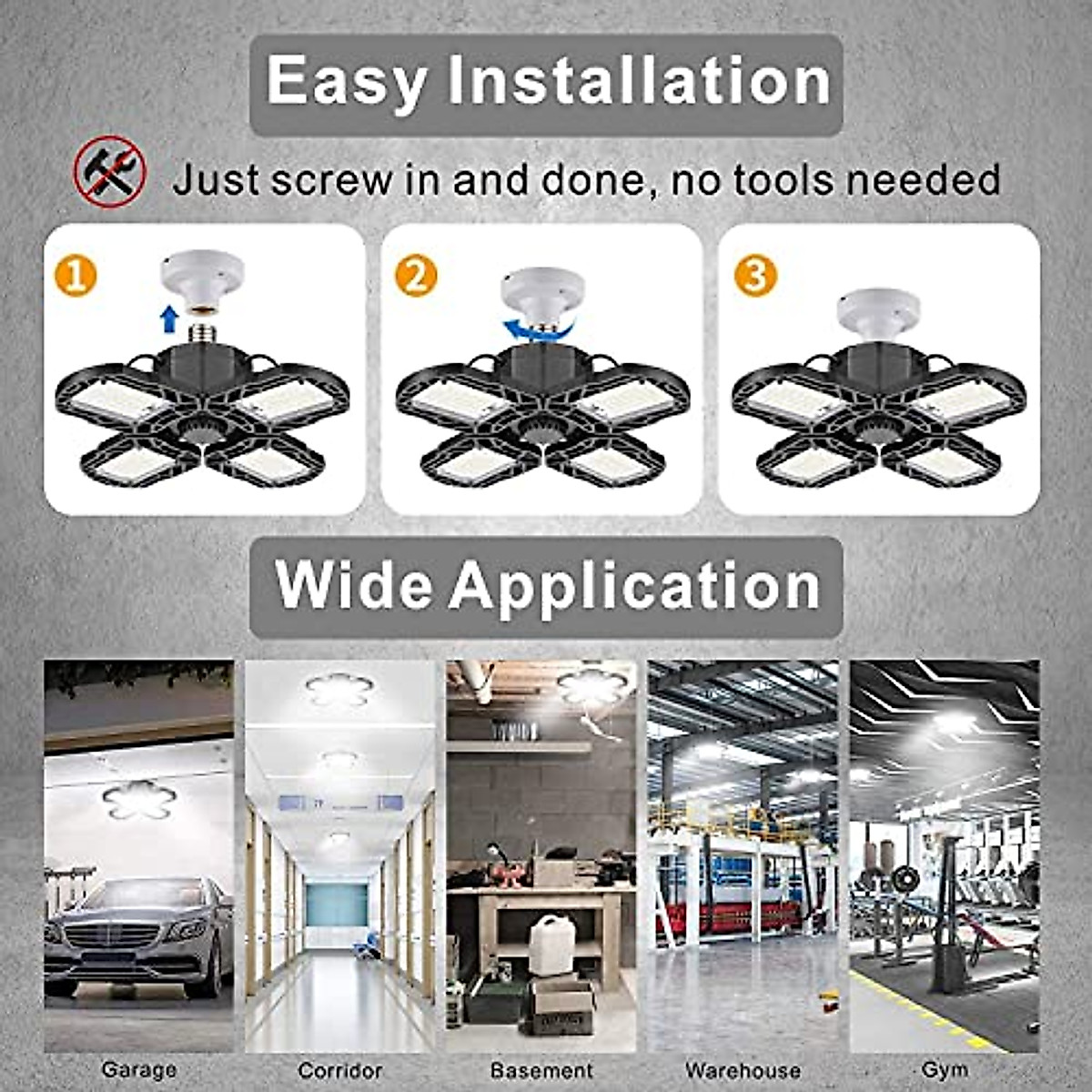 LED Garage Lights, 100W Deformable Four-Leaf Light Metal Garage Ceiling Light Fixtures, 10000LM E26 Led Shop Lights Bay Light with 6000K Bright Adjustable Lighting Panels for Basement, Workshop, Barn