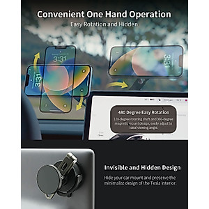 Jowua 6D Invisible Foldaway car Mount Compatible with magsafe, Compatible for Tesla Model 3/ Y, Model S/X Plaid (6D Suction Cup)