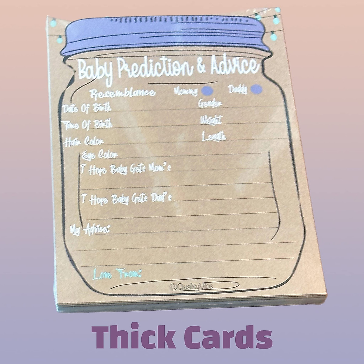 QualityVibe Baby Prediction and Advice Cards Set Of 50. Baby Shower Activity Games. Kraft Style & Mason Jar Background. Thick and easy to write on with any Pen.