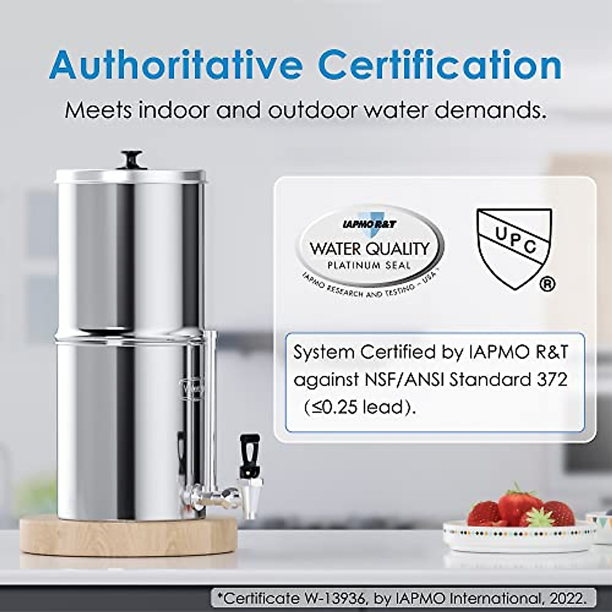 Waterdrop Gravity-fed Water Filter System, NSF/ANSI 372 Certification, 2.25G Stainless-Steel Filter System with 2 Filters and Metal Spigot, Reduces up to 99% of Chlorine-King Tank Series, WD-TK