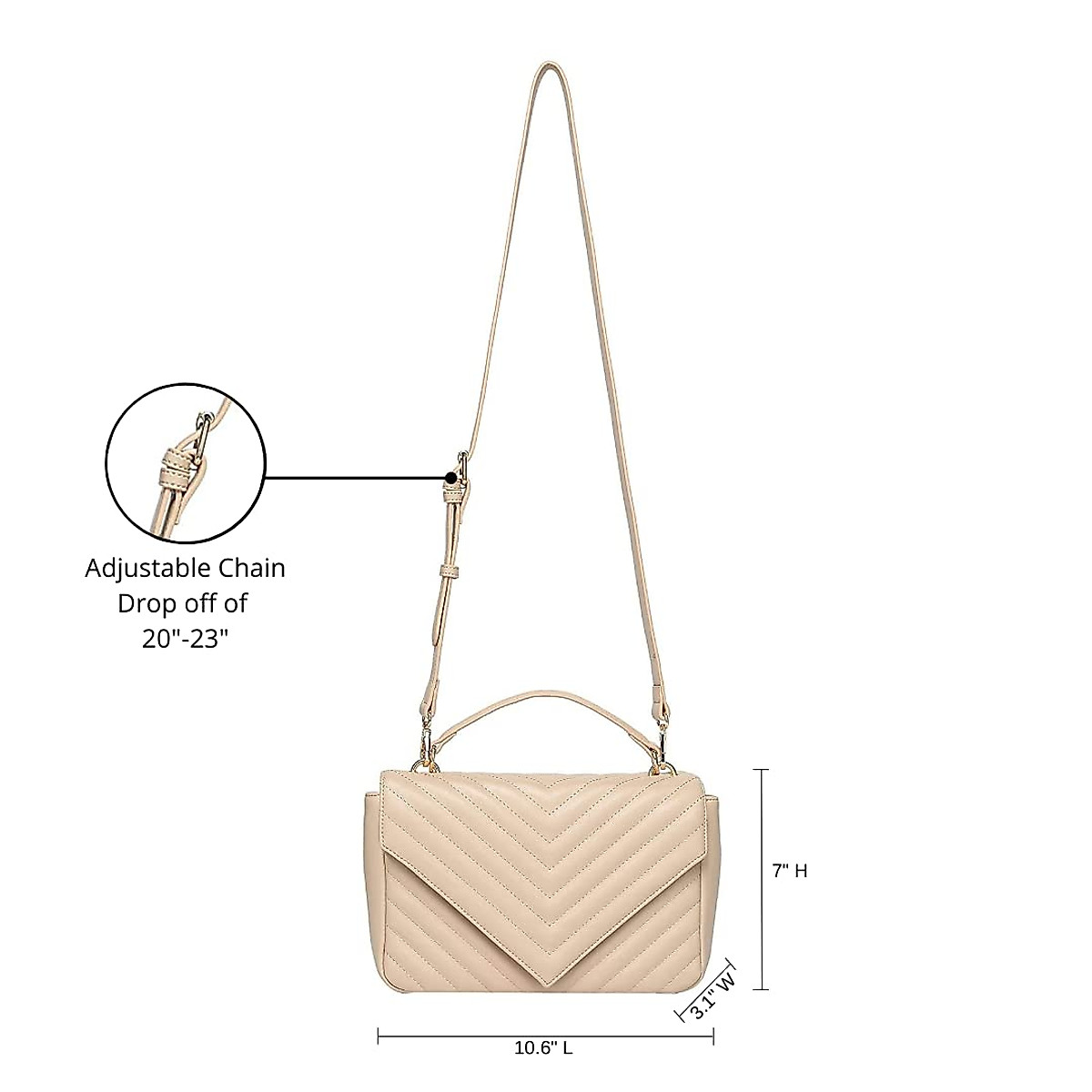 Daisy Rose Quilted Chevron Shoulder Cross Body Bag with Top Handle, PU Vegan Leather - Beige