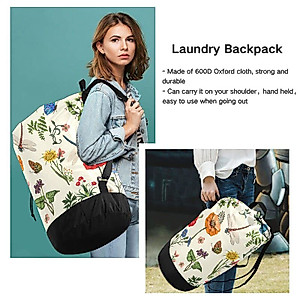 VIGTRO Spring Flowers Dragonflies Large Heavy Duty Laundry Backpack Hamper with Shoulder Strips and Drawstring, Summer Poppies Green Leaves Nylon Waterproof Laundry Bag Durable for Dorm Laundromat Travel