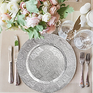 Elsjoy Set of 12 Plastic Silver Charger Plates, 13 Inch Decorative Plate Charger for Dinner Plates, Embossed Vintage Disposable Serving Plate for Home, Party, Wedding, Events