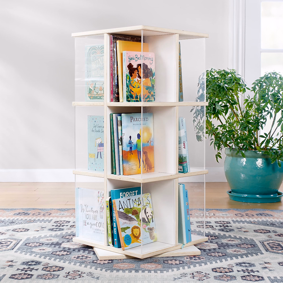 Guidecraft EdQ Rotating Book Display - White: Spinning Plywood Storage Bookshelf with Acrylic Windows for Kids Classroom, Playroom, or Bedroom