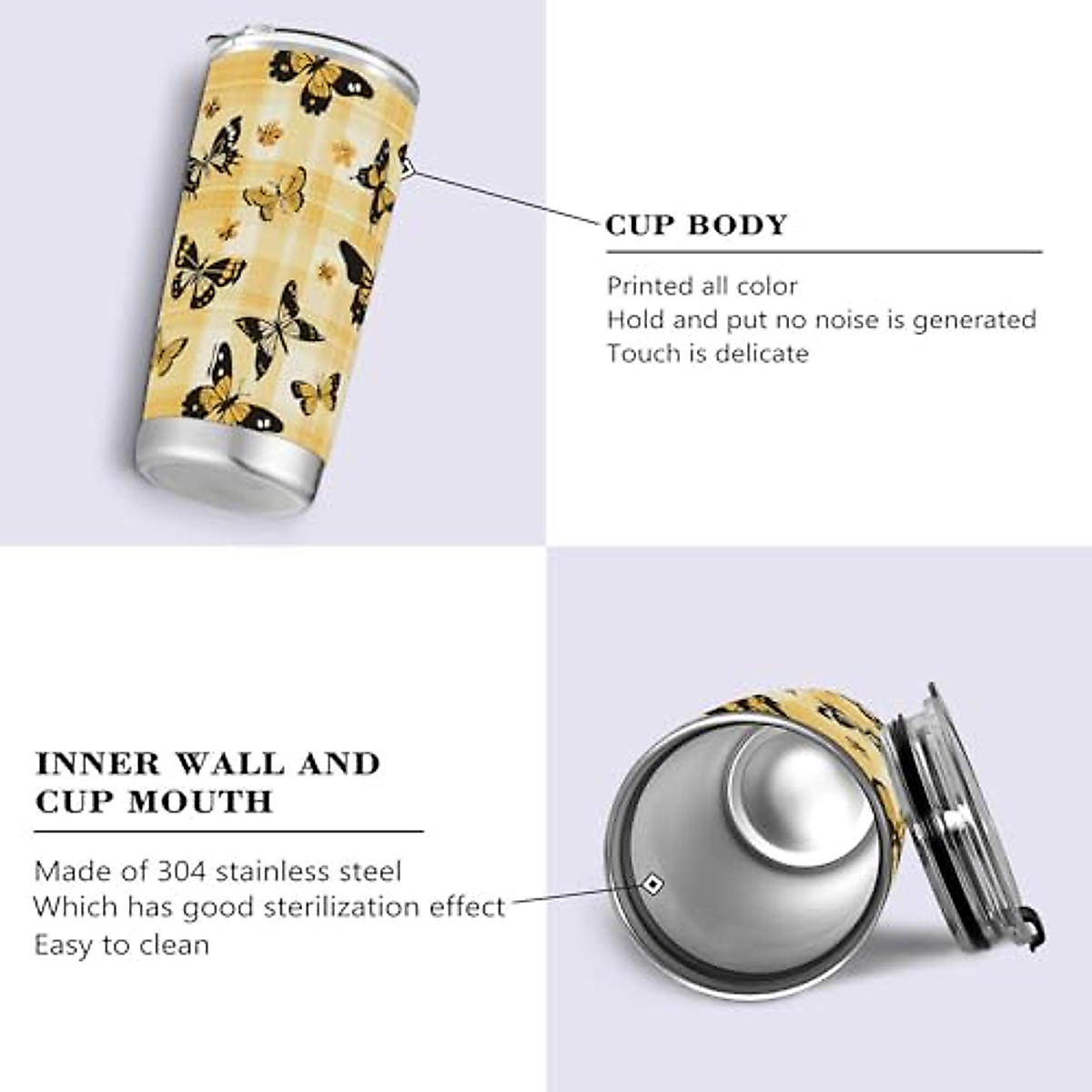 Yellow Spring Butterflies Stainless Steel cup for men Leak-proof Lid and Straw travel mug spill proof for camping modern tumblers with lids 20 OZ