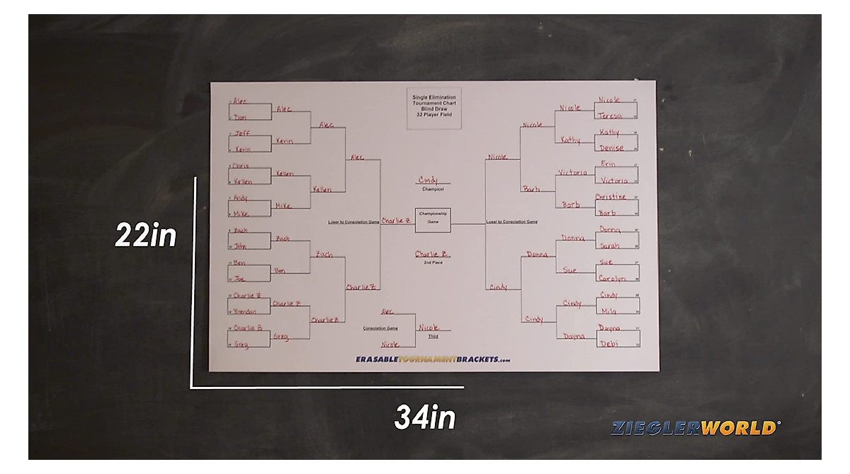 Erasable 32 Team Tournament Bracket Chart + Dry Erase Pen