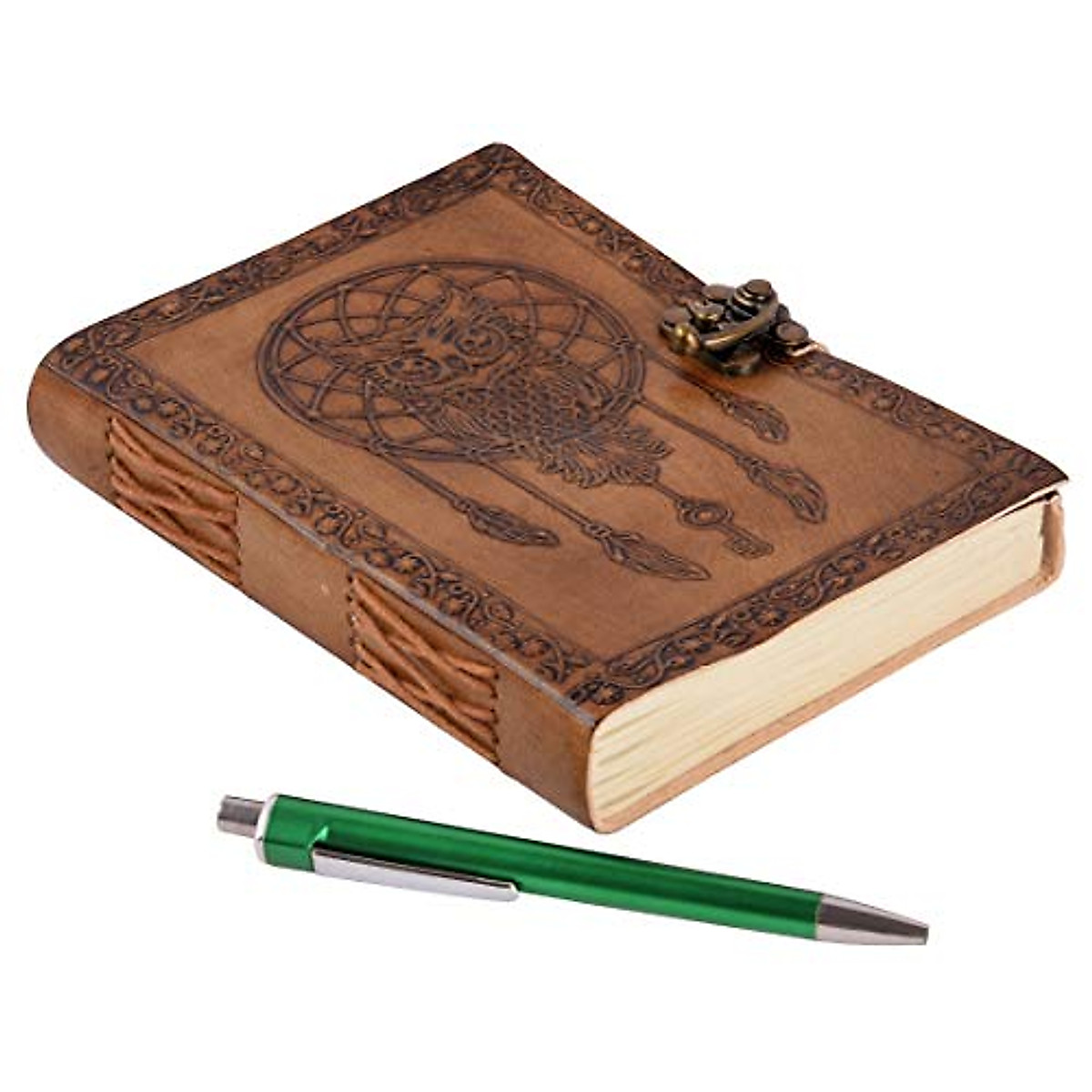 Leather Journal 7 x 5 Inch 220 Page Journal, Vintage Owl Embossed Blank Book, Sketchbook, Notebook Leather Journal (Handmade Unlined Paper) - Pocket style with Lock Closure for Men and Women (Vintage Tan - Plain Paper) (7 x 5 Inch, TC Leather)