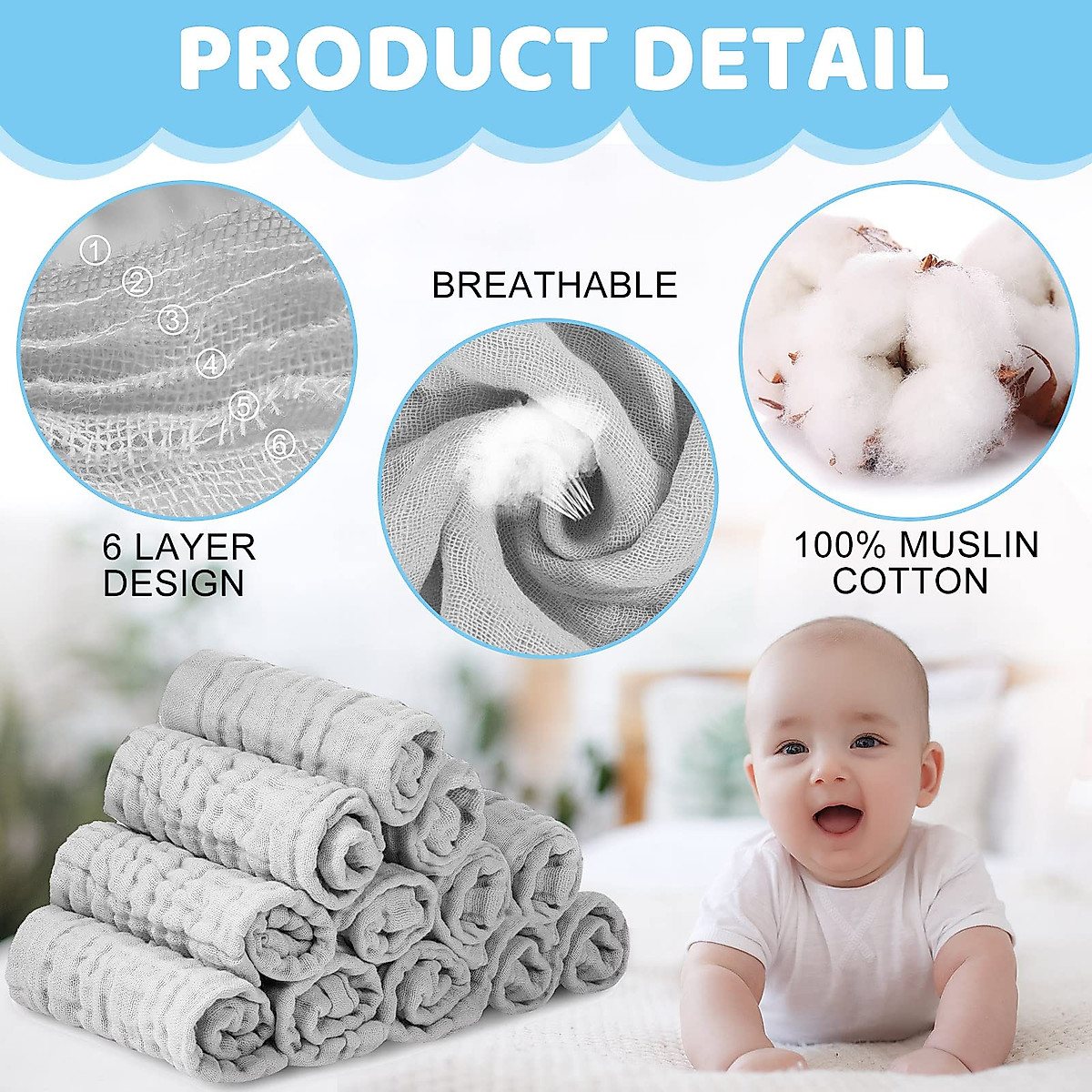 20 Packs Muslin Baby Burp Cloths Set Large 20 x 10 Inch Cotton 6 Layers Burp Cloths for Baby Girl Newborn Washcloths Infant Burp Wipes Soft and Absorbent Napkins for Boys and Girls (Gray)