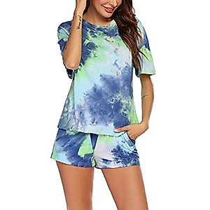 HOTOUCH Womens Short Sleeve Tops and Shorts PJ Sets 2 Piece Pajamas Set Sleepwear Nightwear Blue Green Tie Dye, Large
